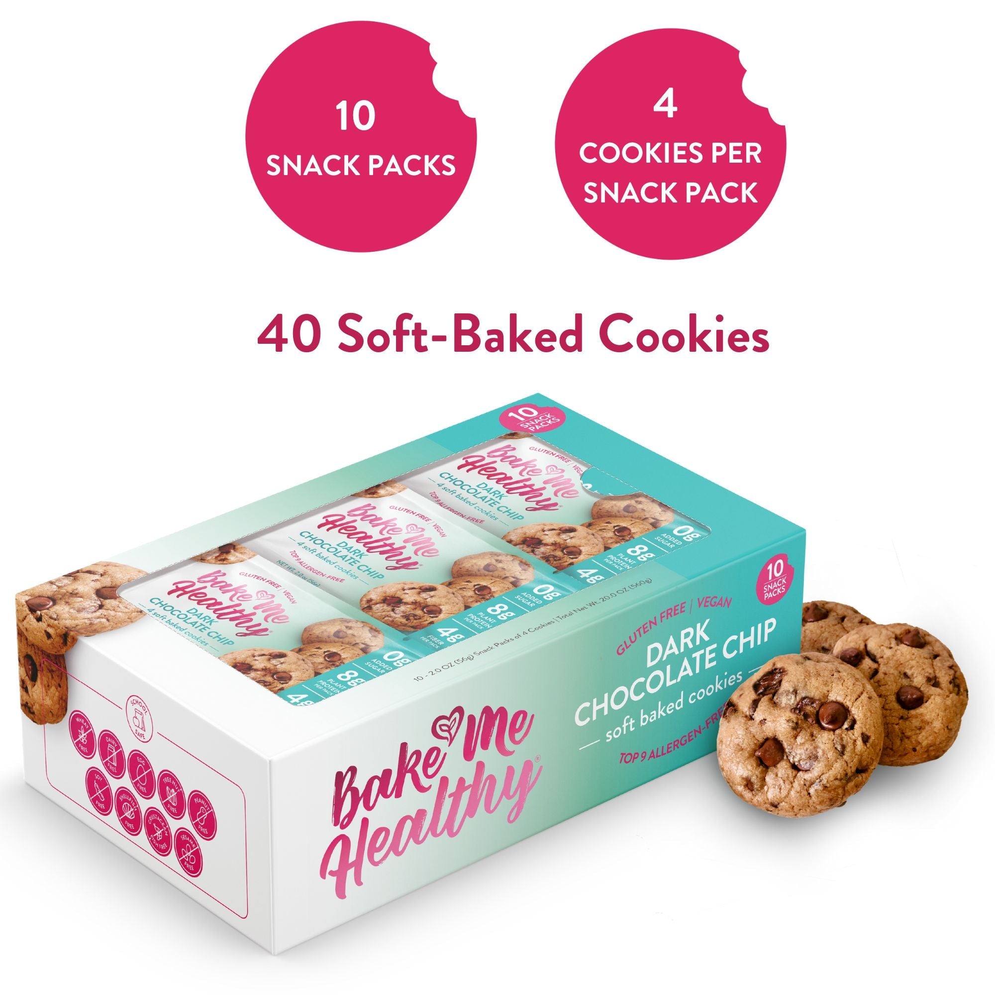 Dark Chocolate Chip Cookies- 40 Cookies/ 10 Snack Packs – Bake Me Healthy